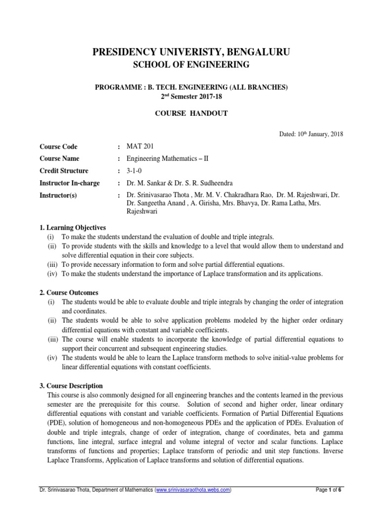 Presidency Univeristy, Bengaluru: School of Engineering | PDF | Partial ...