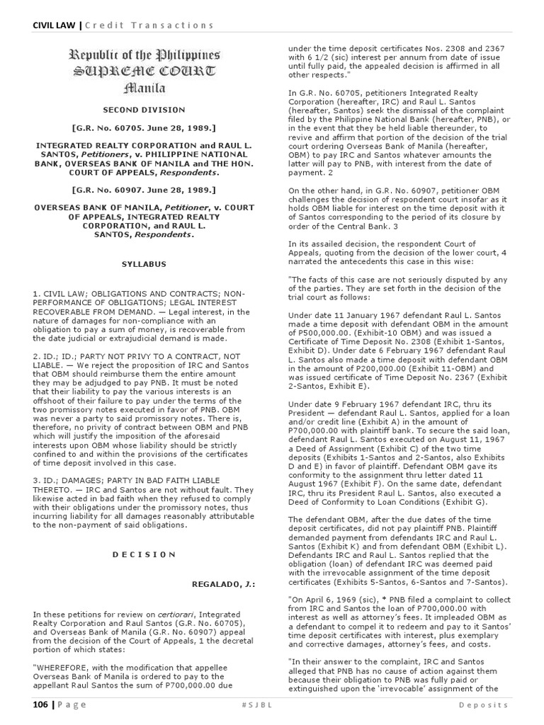 Cred Trans Cases - 03 - Deposits | PDF | Assignment (Law) | Interest