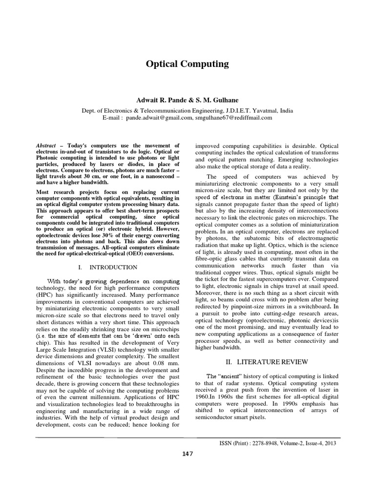 Optical Computing: An Analysis of Using Photons Instead of Electrons ...
