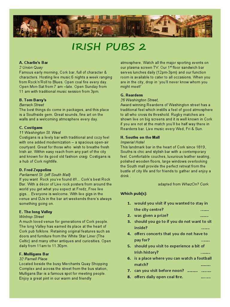 Irish Pubs 2 Reading Comprehension Exercises Tests 29088 | PDF | Cork ...