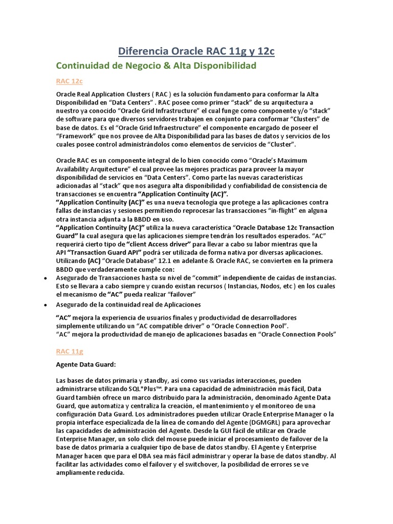 Diferencia Oracle RAC 11g y 12c | PDF | Base de datos Oracle | Grupo de computadoras