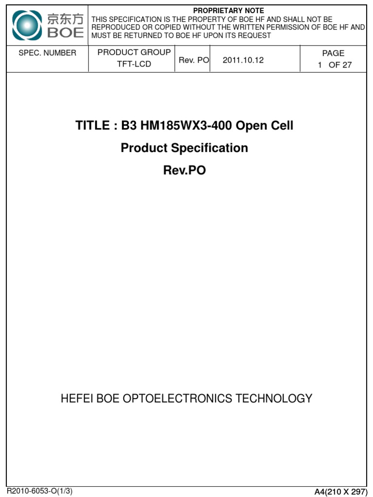 BOE HM185WX3-400 Open Cell Specification | PDF | Thin Film Transistor ...