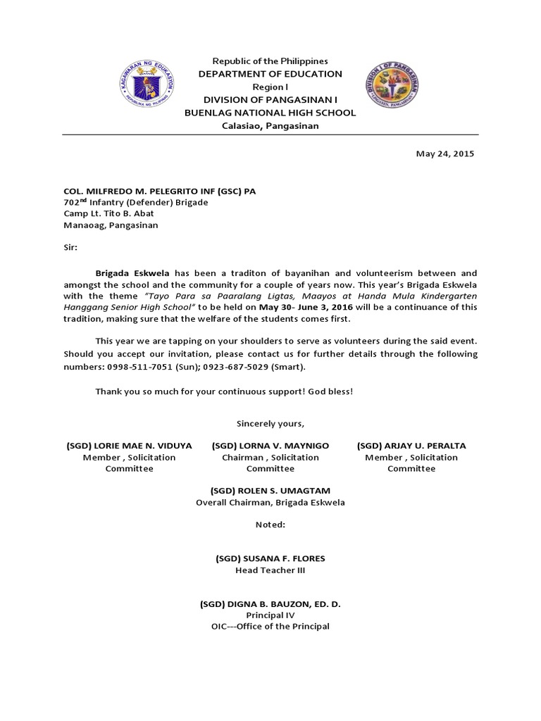 Letter of Request To The AFP For Brigada ESKWELA | PDF