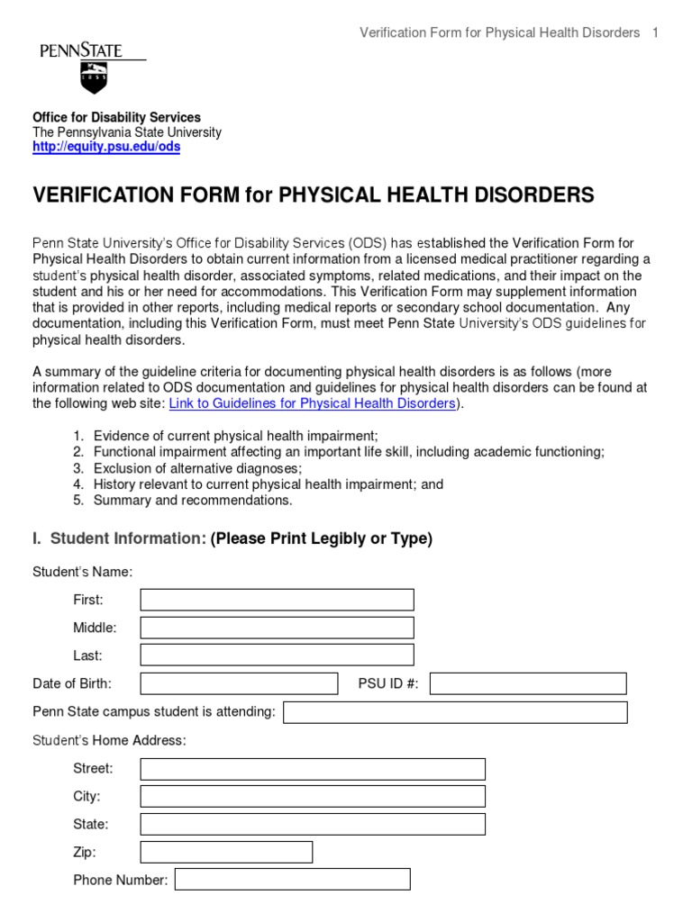 Verification Form For Physical Health Disorders: (Please Print Legibly ...