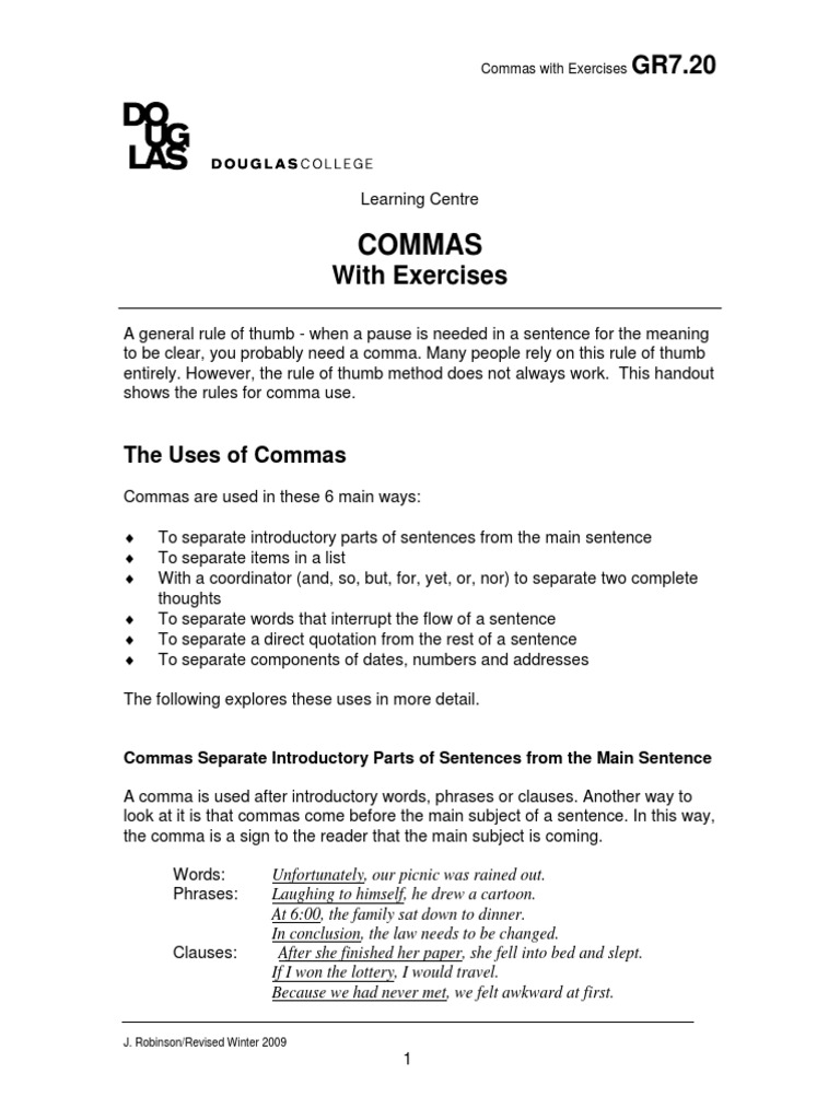 Commas With Exercises | PDF | Comma