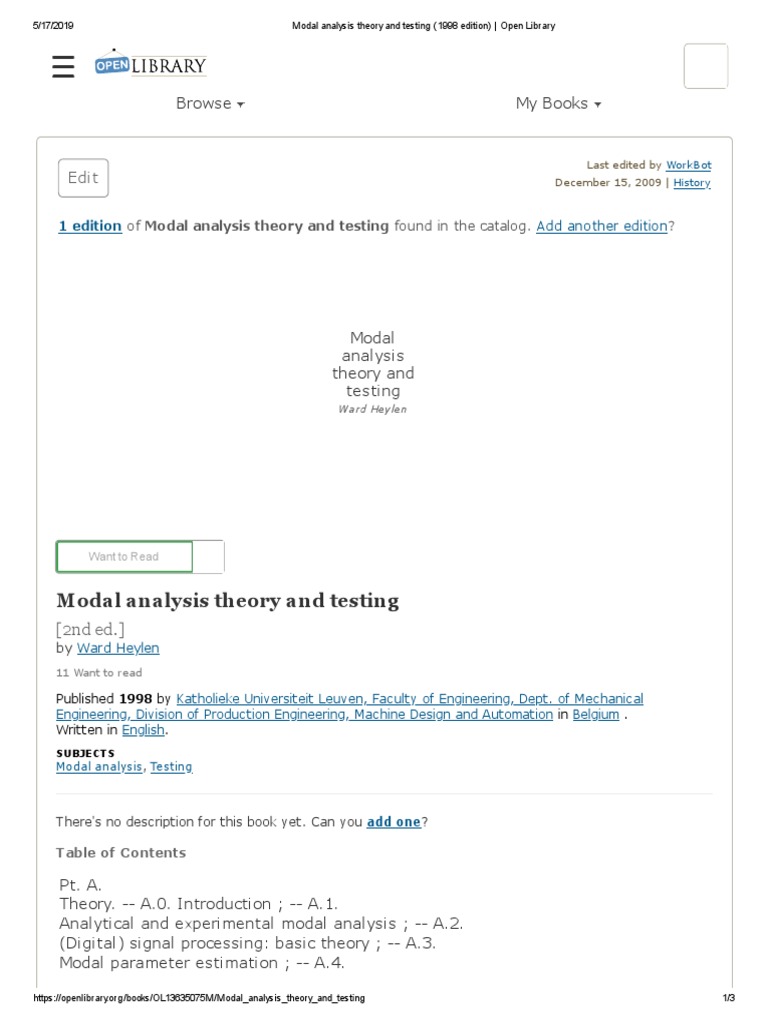 Modal Analysis Theory and Testing (1998 Edition) - Open Library | PDF ...