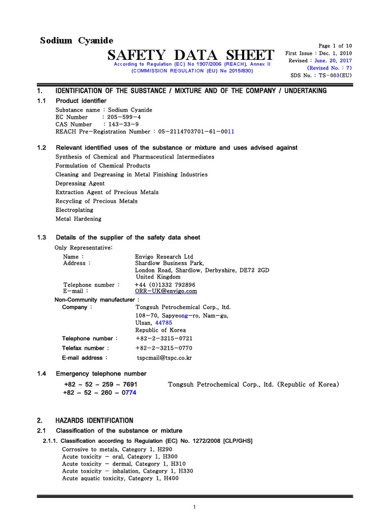 Safety Data Sheet: Sodium Cyanide | PDF | Toxicity | Personal ...