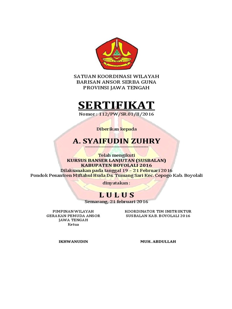 Sertifikat Susbalan Depan | PDF