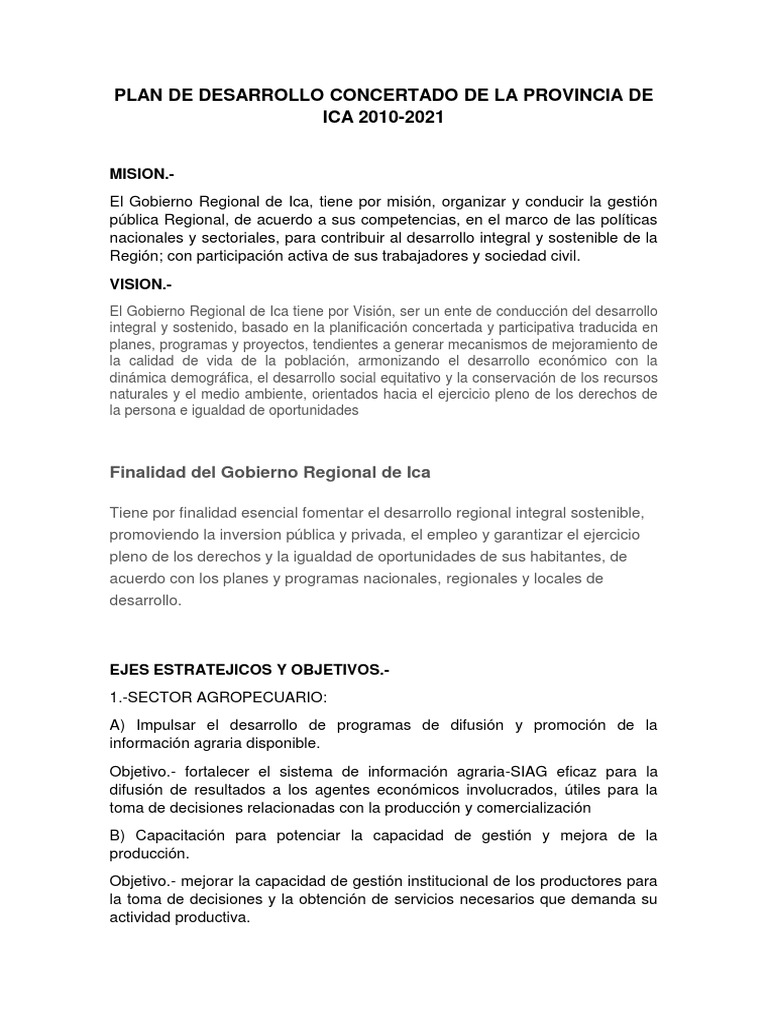PLAN DE DESARROLLO CONCERTADO DE LA PROVINCIA DE ICA 201o 2021 | PDF ...