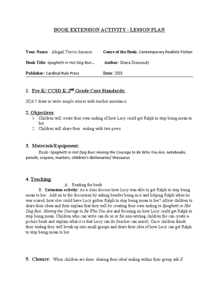 Book Extension Activity Lesson Plan-Spaghetti in Hot Dog Bun | PDF