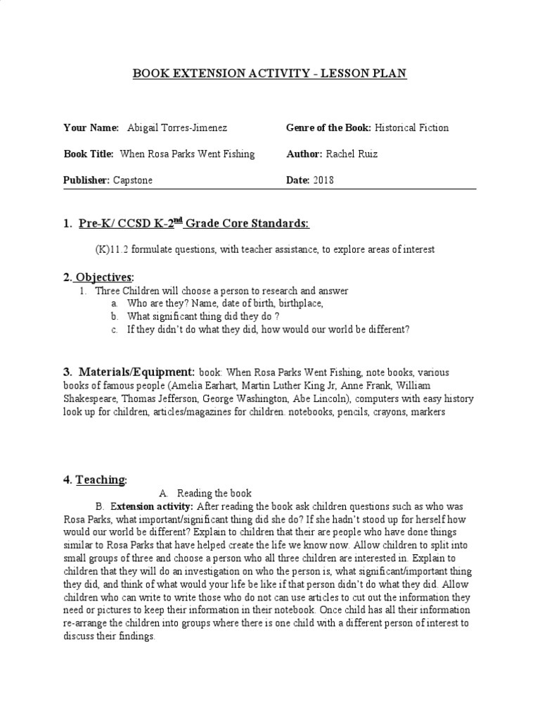 Book Extension Activity Lesson Plan - When Rosa Parks Went Fishing ...