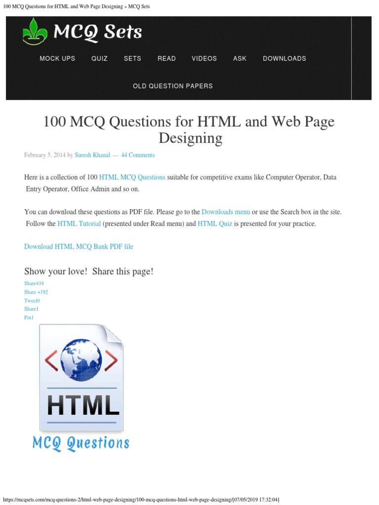 100 MCQ Questions For HTML and Web Page Designing MCQ Sets | PDF | Html Element | Hyperlink