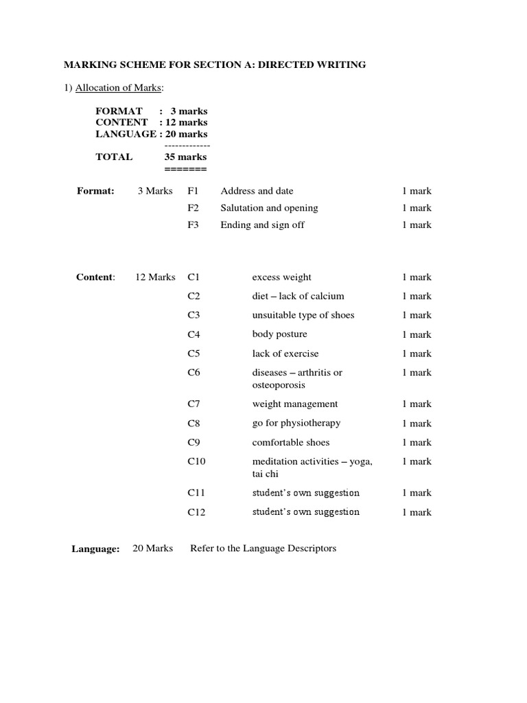 Marking Scheme For Section A: Directed Writing | PDF | Vocabulary ...