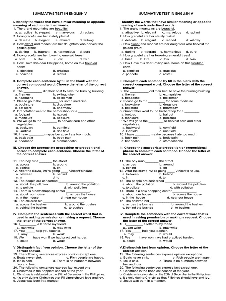 SUMMATIVE TEST IN ENGLISH V 3rd Grading | PDF | Foreign Language Studies