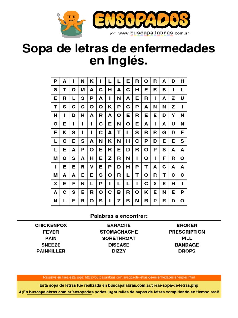 Sopa de Letras Enfermedades (Ingles) | PDF