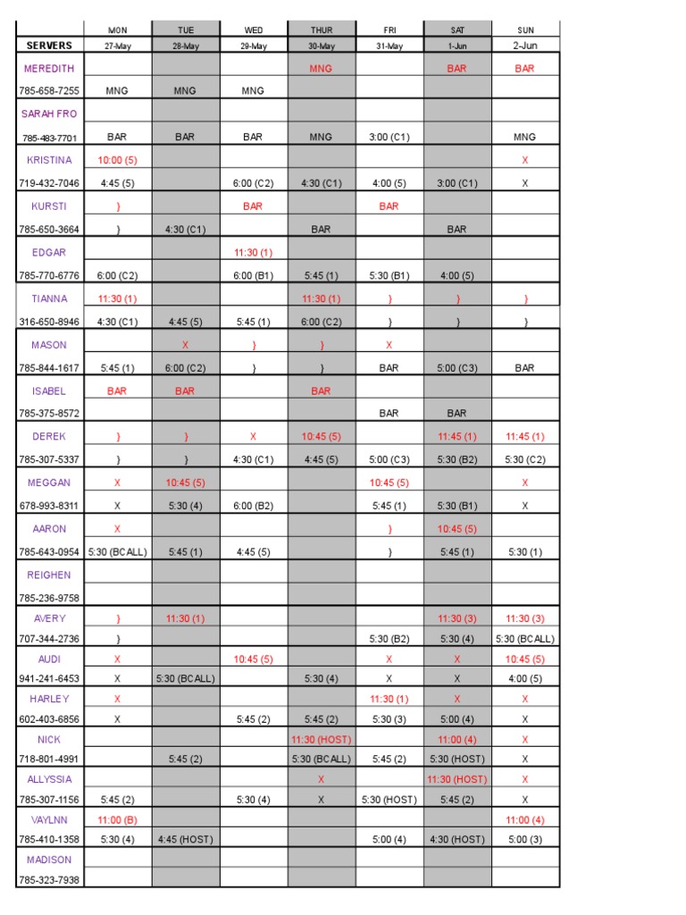 Weekly Server Schedule Overview | PDF