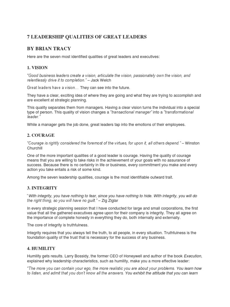 7 Leadership Qualities of Great Leaders | PDF | Humility | Courage