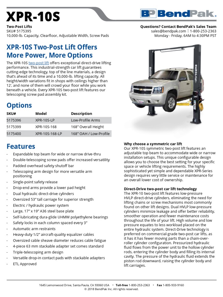 XPR 10S Two Post Lift 5175395 BendPak | PDF | Mechanical Engineering ...