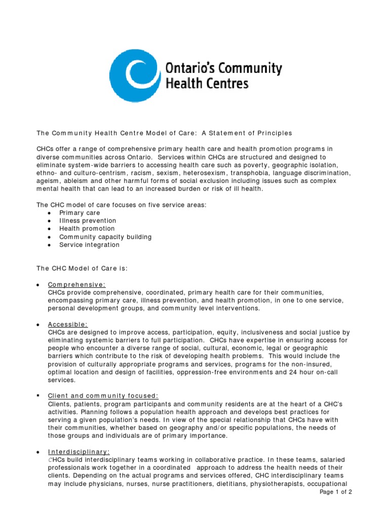 The Community Health Centre Model of Care: A Statement of Principles ...