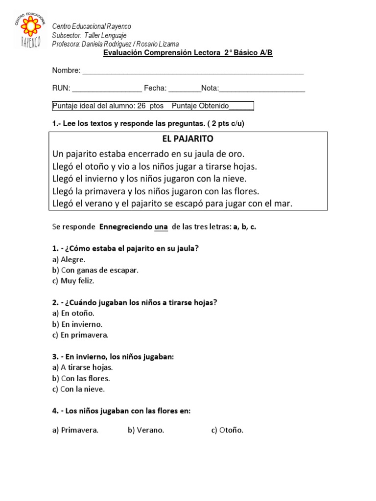 Evaluación Comprensión Lectora 2 Mayo | PDF | Ocio