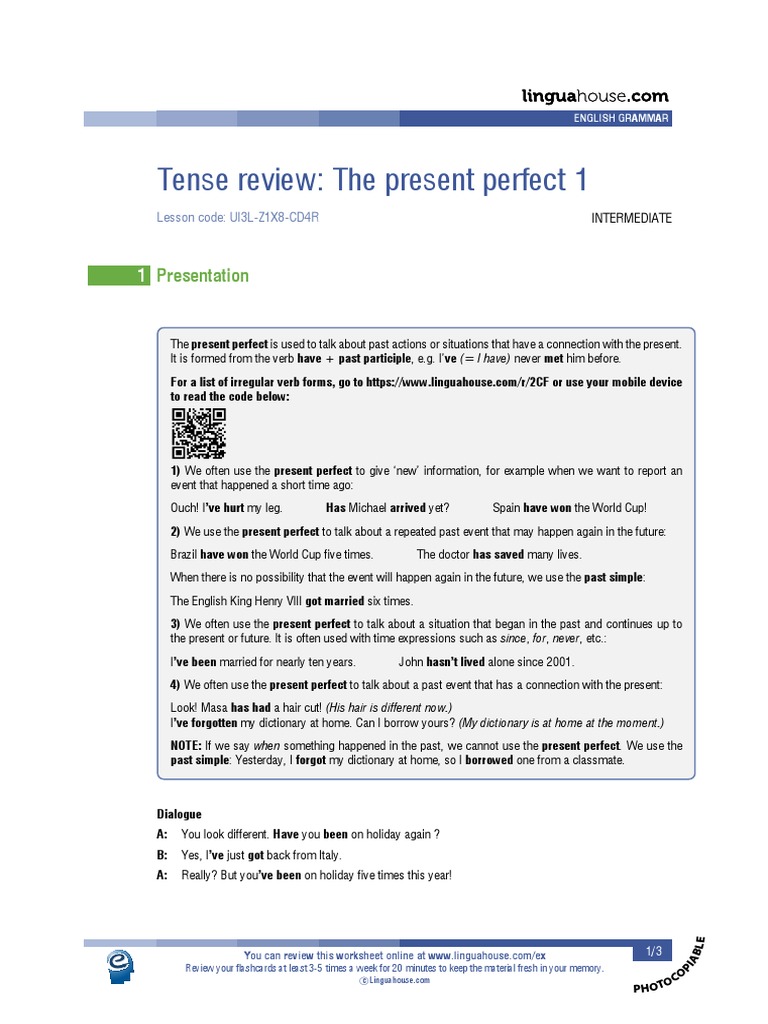 Present Perfect 1 | PDF | Perfect (Grammar) | Syntax