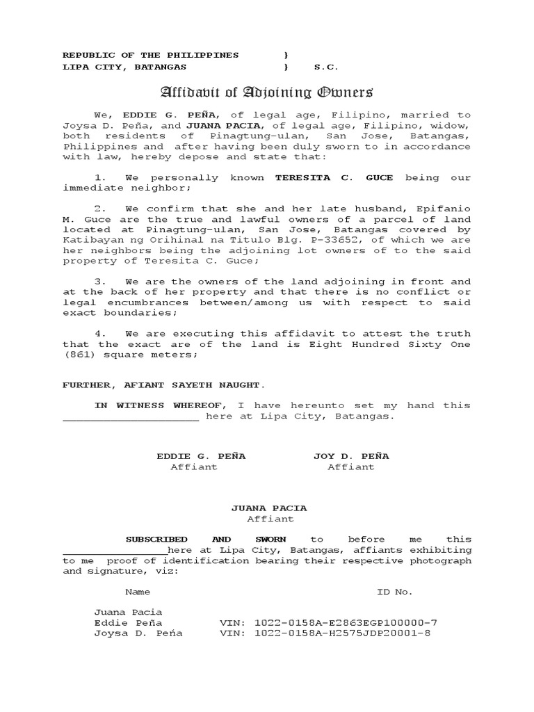 Affidavit of Adjoining Owners - Teresita Guce | PDF | Social ...