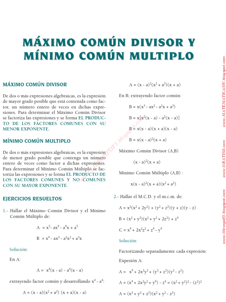 Máximo Común Divisor y Mínimo Común Multiplo Lex | PDF | Matemáticas ...