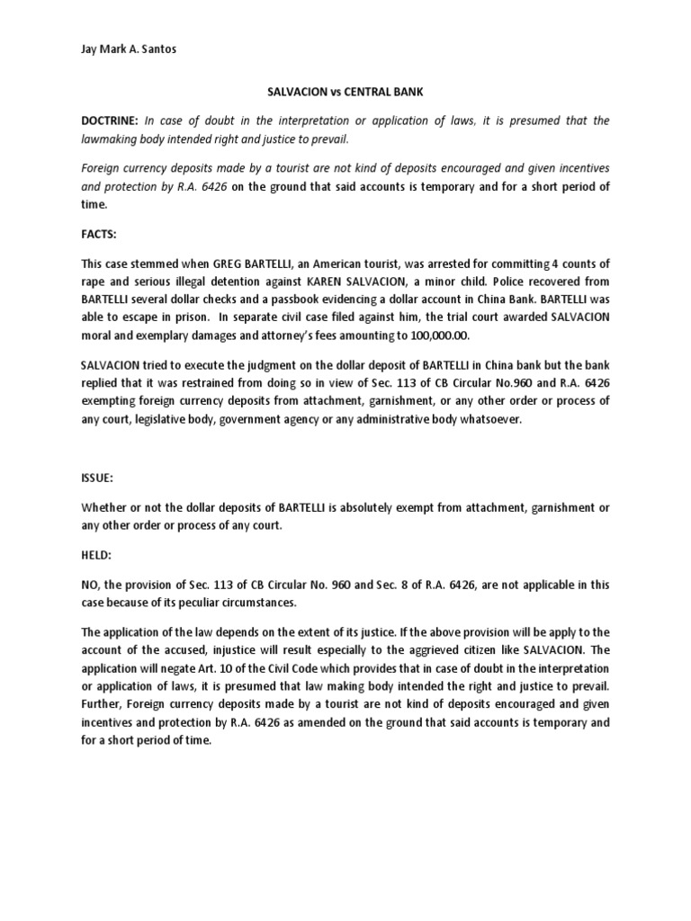 SALVACION Vs CENTRAL BANK - JMAS | PDF