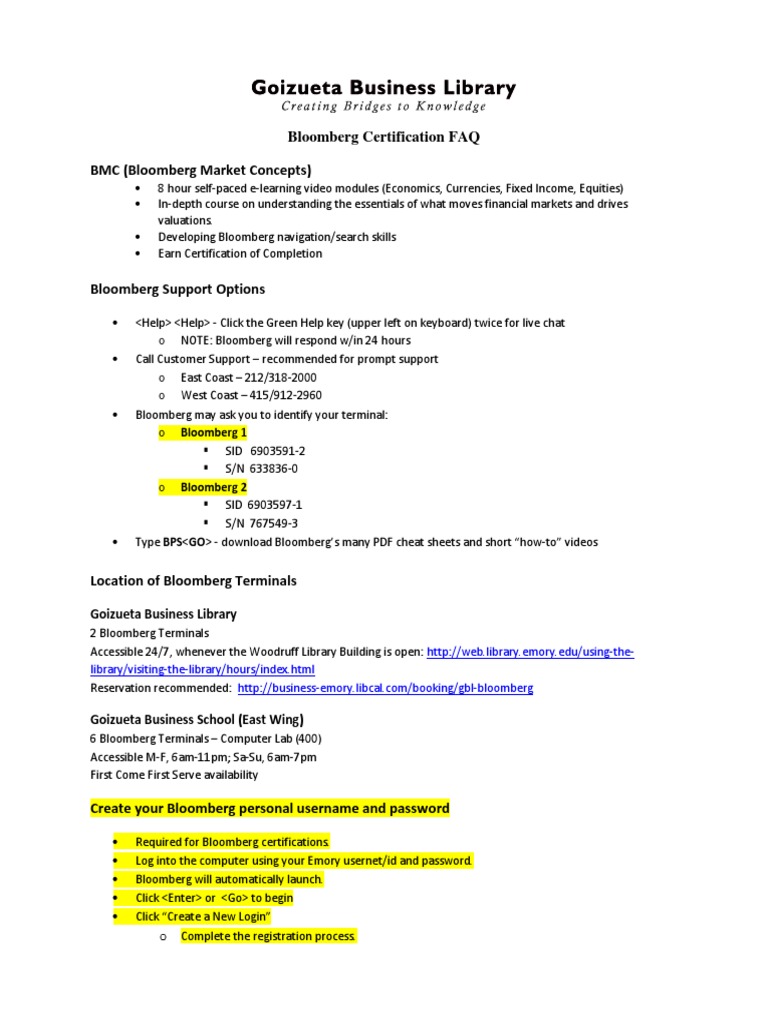 Bloomberg Certification FAQ BMC (Bloomberg Market Concepts) : Goizueta ...