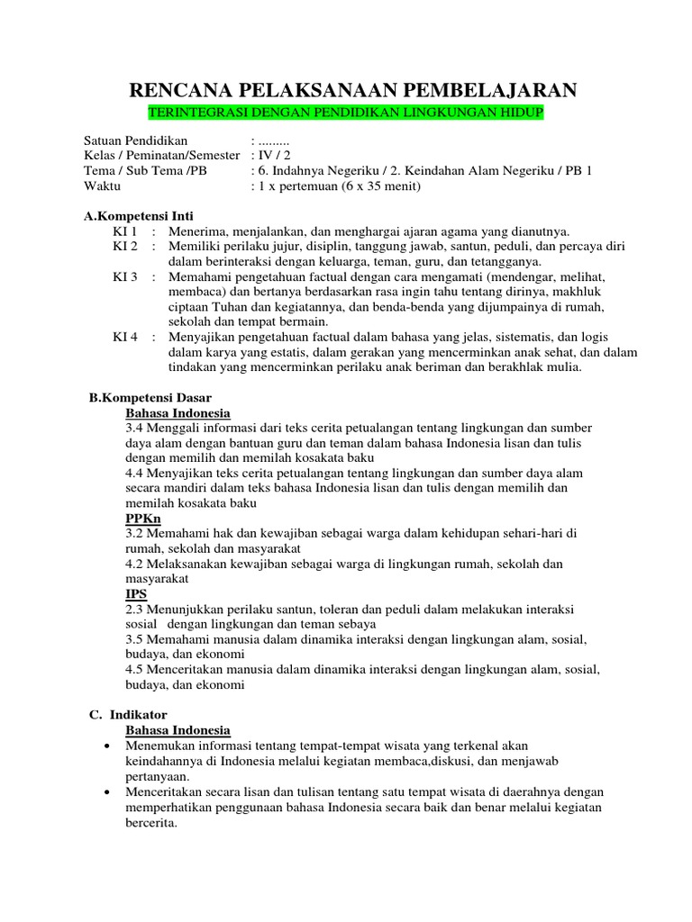 RPP Adiwiyata Tema 6 Sub 2 PB 1 Global | PDF