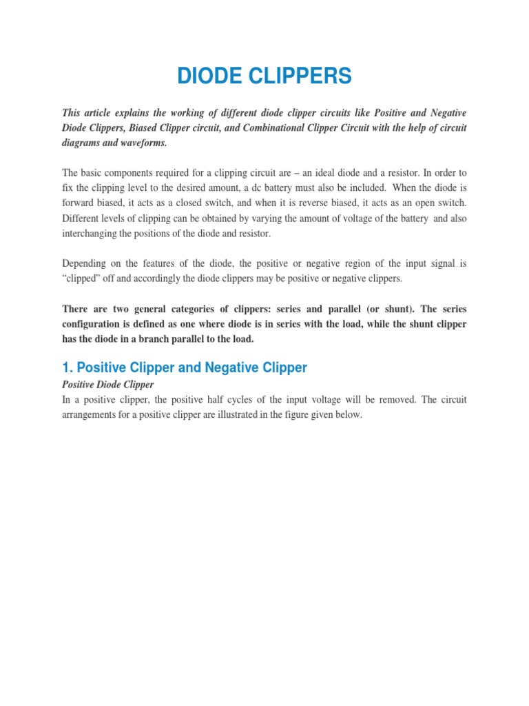 Diode Clippers: 1. Positive Clipper and Negative Clipper | PDF | Diode ...
