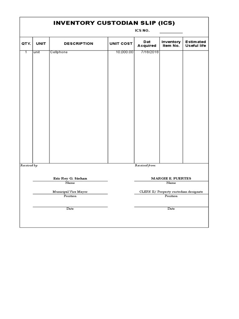 Inventory Custodian Slip (Ics) : Qty. Unit Description Unit Cost Dat ...