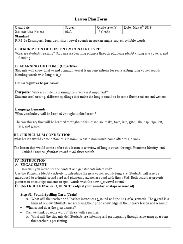 1st Grade Long Vowel A_E Lesson Plan | PDF | Phonics | Human Communication