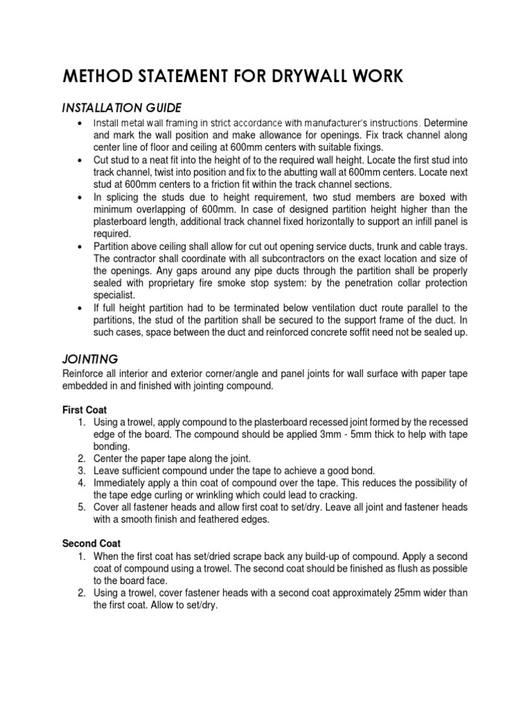 Method Statement For Drywall Work: Installation Guide | PDF | Wall ...