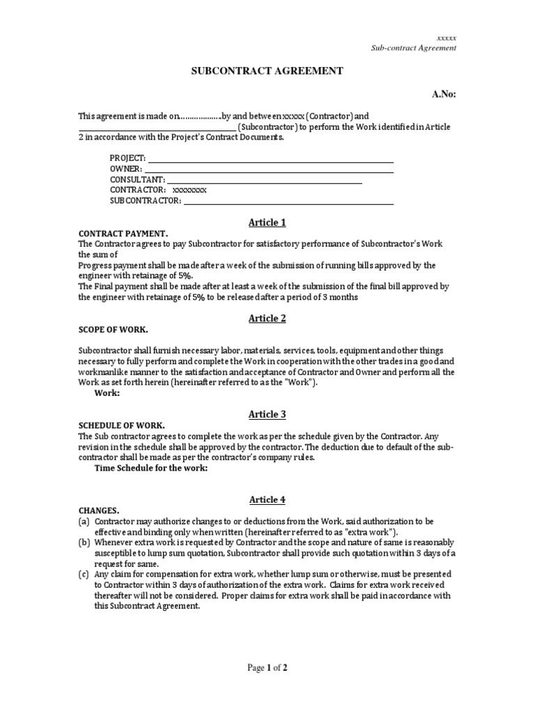 Subcontract Agreement Template | PDF | Civil Law (Legal System ...