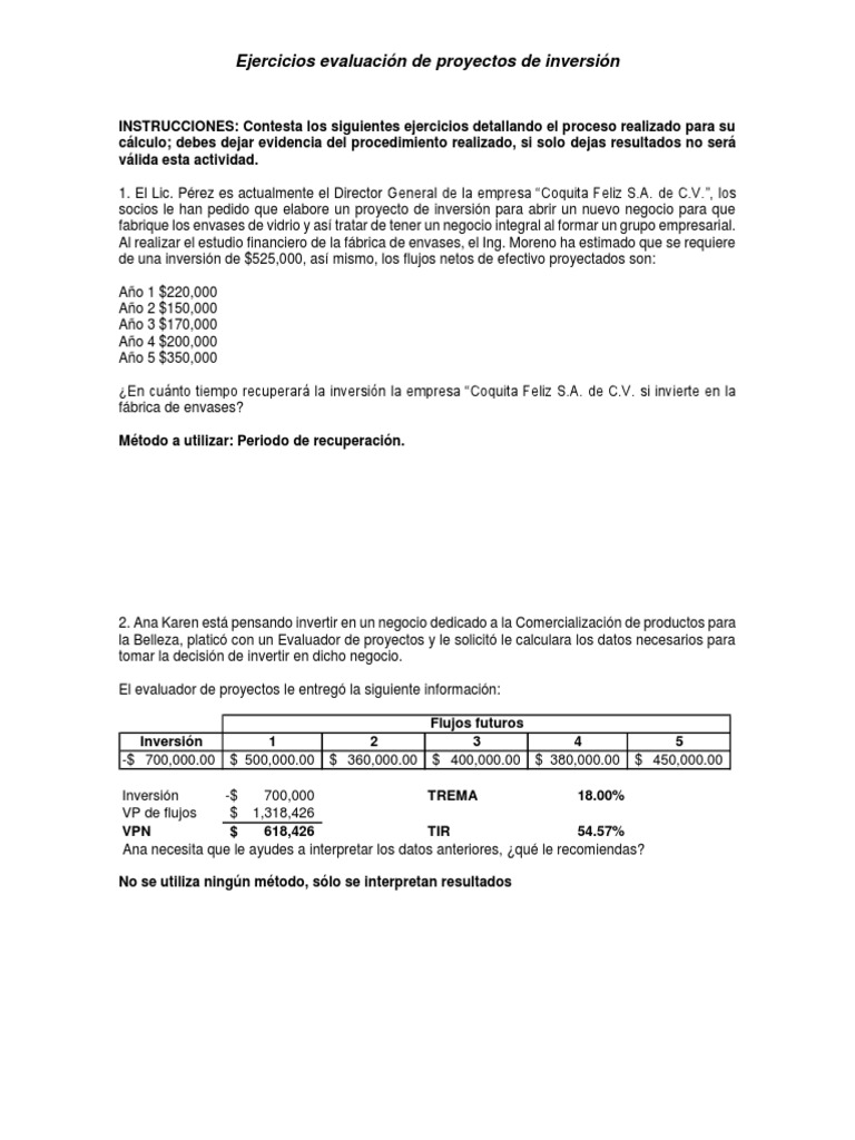 Ejercicios VPN, TIR y Periodo de Recuperación | PDF | Tasa interna de retorno | Inversiones