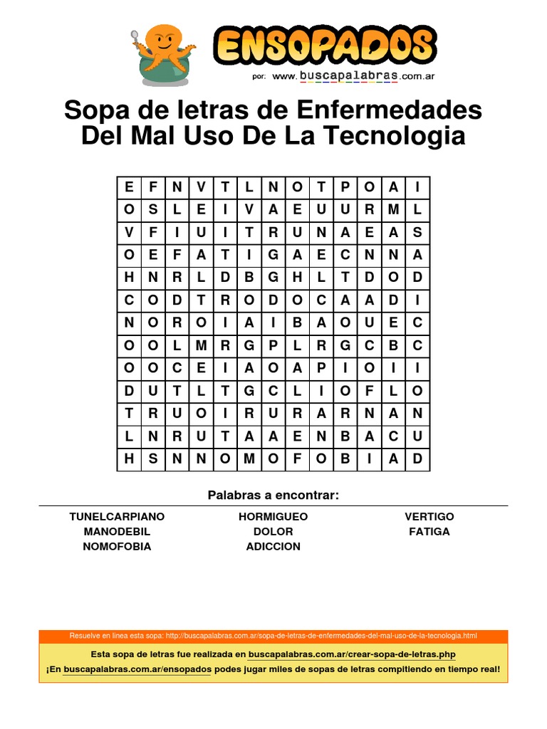 Sopa de Letras de Enfermedades Del Mal Uso de La Tecnologia | PDF