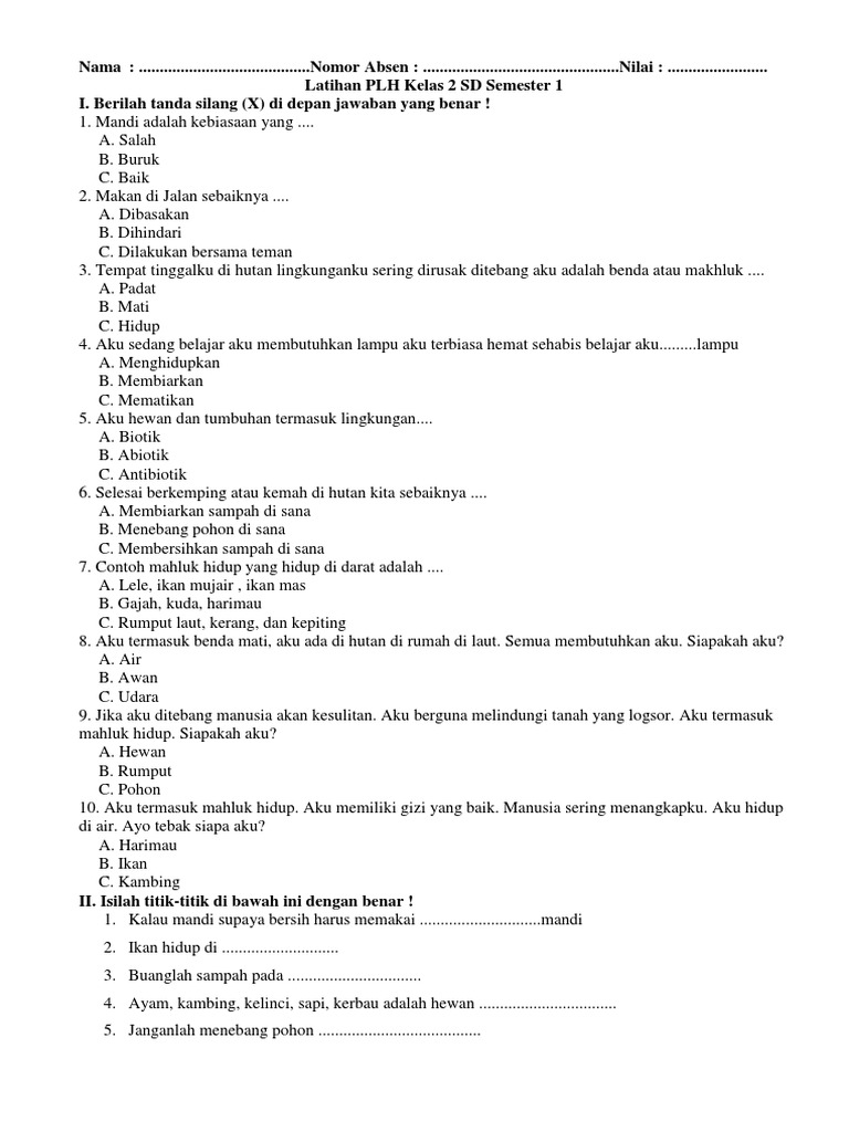 UAS PLH Kelas 2 Semester 1 | PDF