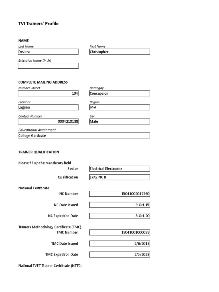 T2mis Trainers Profile Forms | PDF