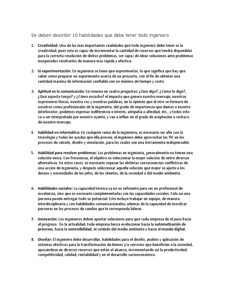 10 Habilidades Que Debe Tener Todo Ingeniero | PDF | Creatividad ...