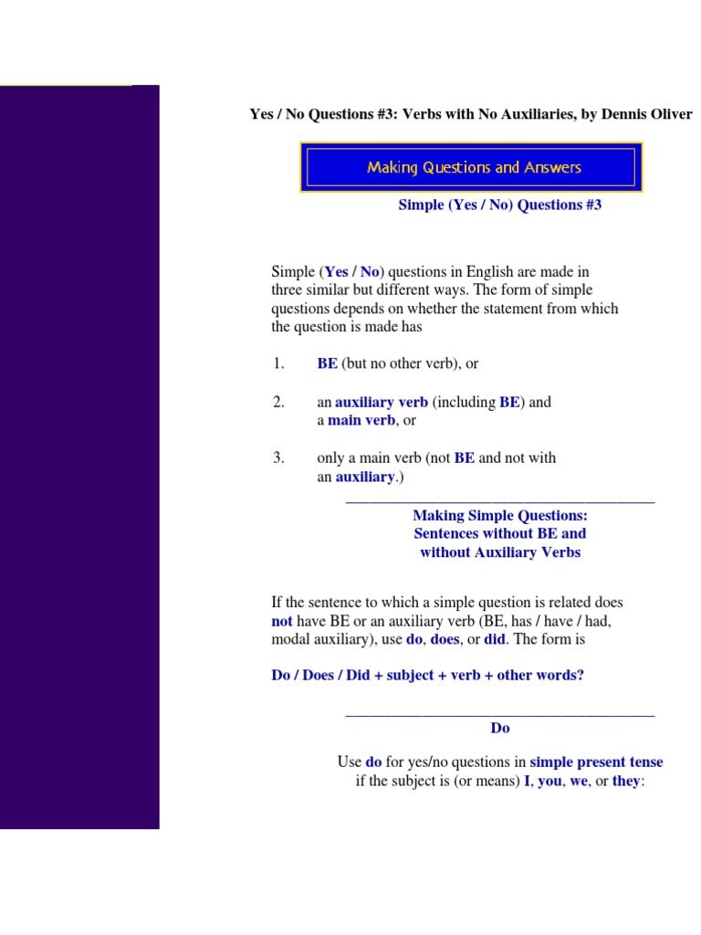 Yes / No Questions #3: Verbs With No Auxiliaries, by Dennis Oliver ...