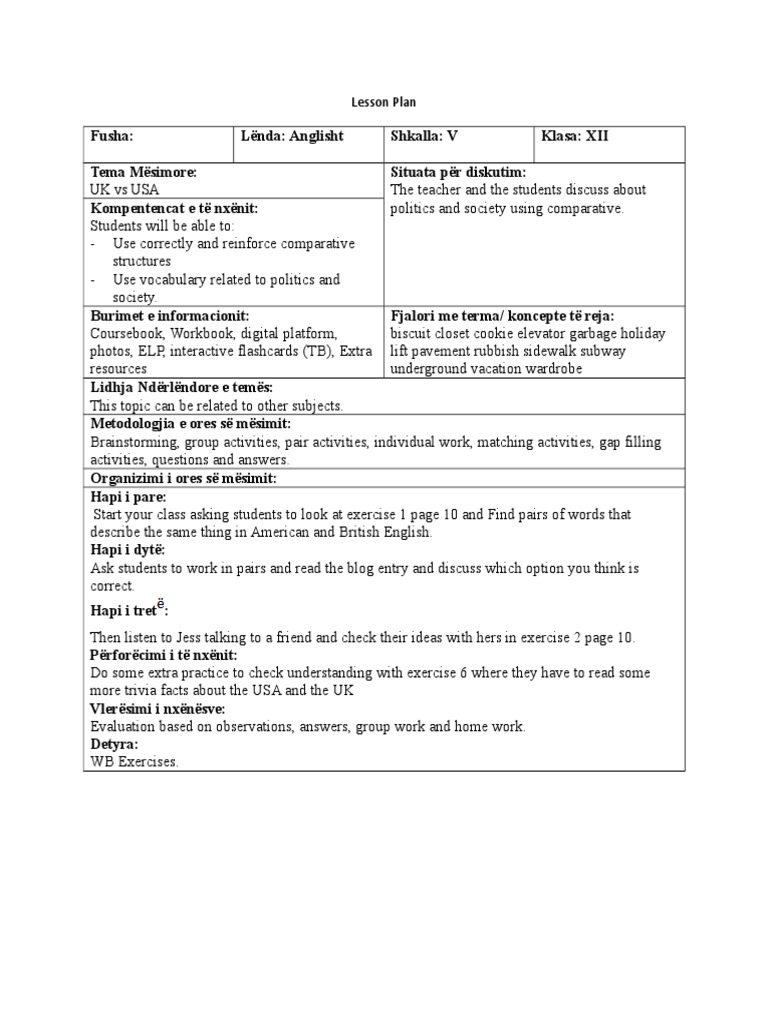 UK vs USA Comparative Lesson Plan | PDF