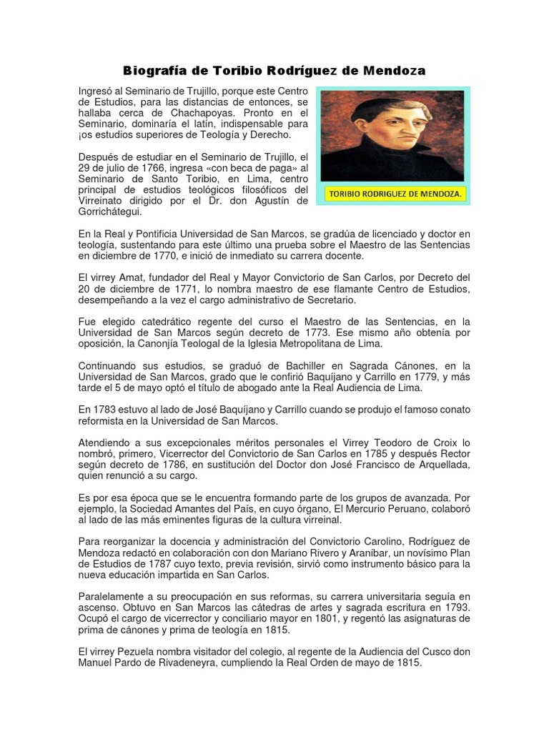 Biografía de Toribio Rodríguez de Mendoza | PDF | Educación avanzada