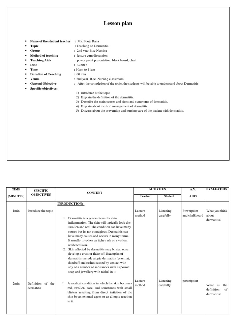 Nursing Lesson Plan on Dermatitis | PDF | Dermatitis | Medicine