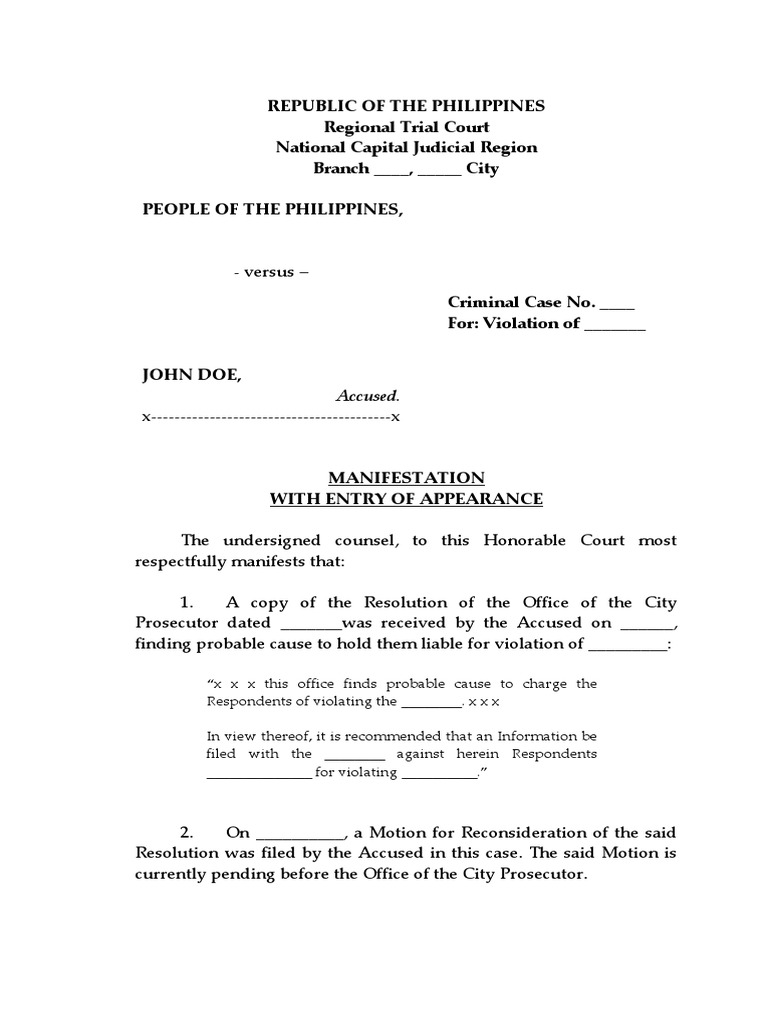Manifestation with Entry of Appearance.docx | Prosecutor | Public Sphere