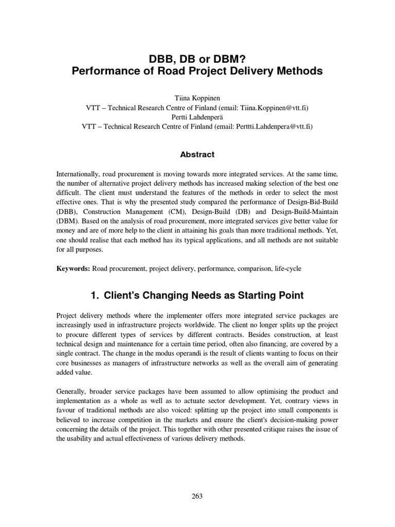 DBB, DB or DBM? Performance of Road Project Delivery Methods | PDF ...