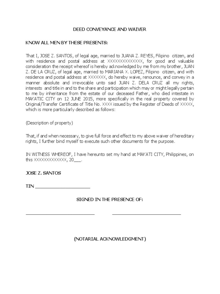 Deed of Conveyance and Waiver Sample | PDF | Politics | Social Science