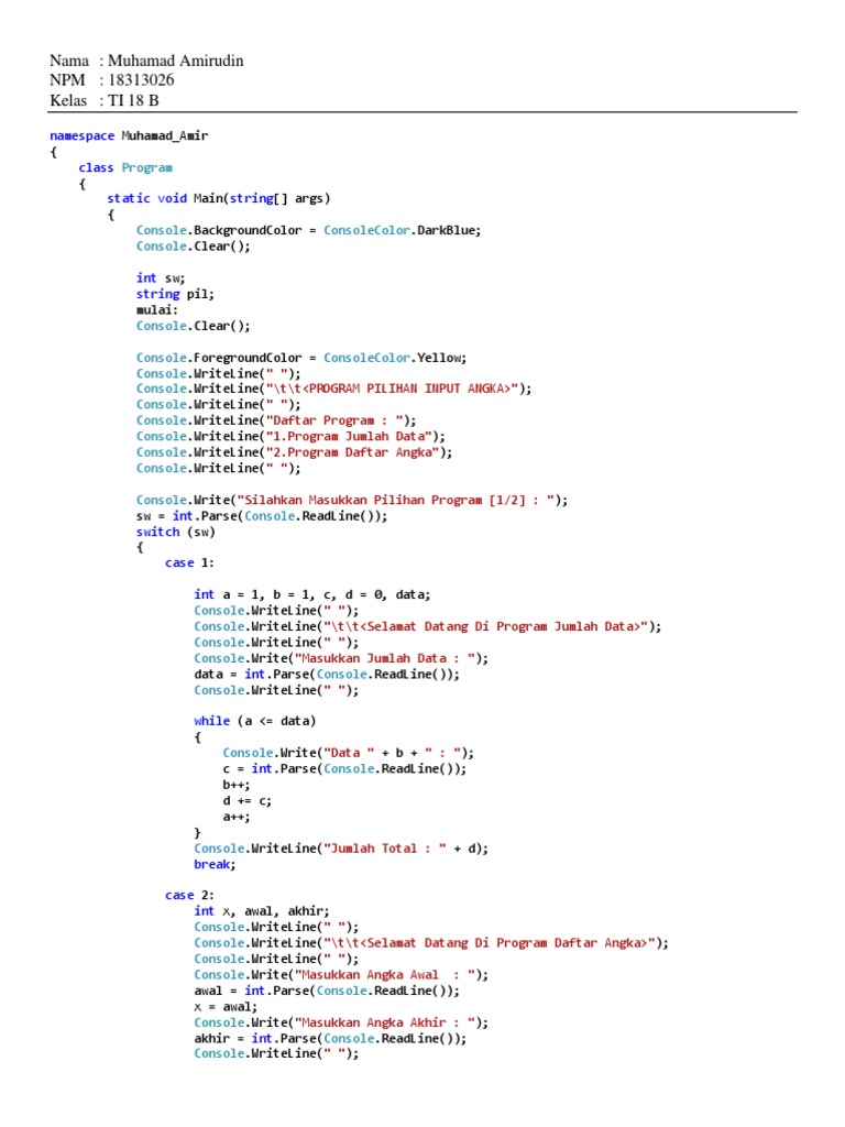 Nama: Muhamad Amirudin NPM: 18313026 Kelas: TI 18 B: Namespace Class Static Void String | PDF ...