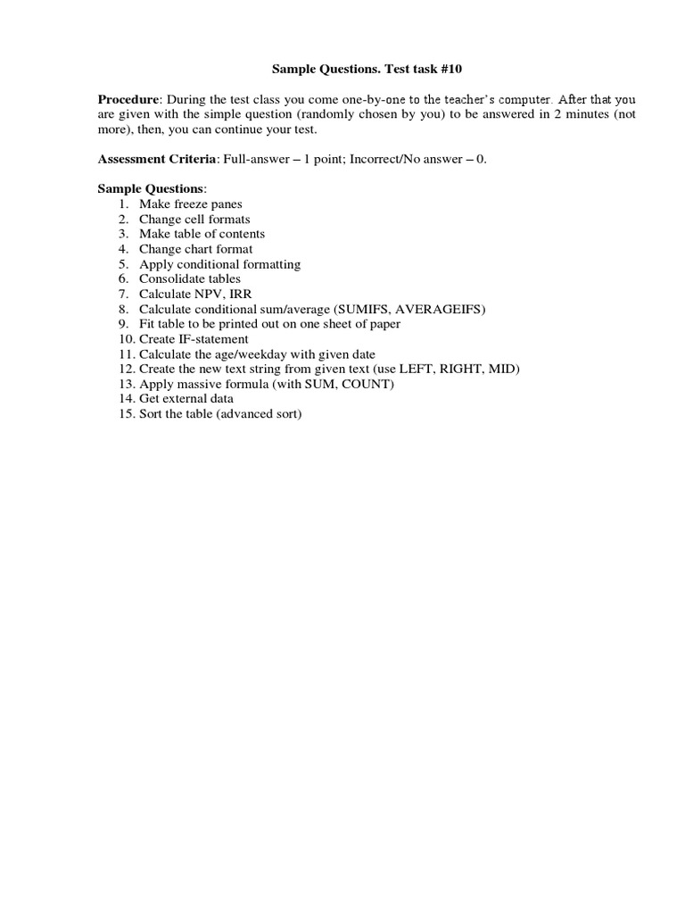 Sample Questions. Test Task #10 Procedure: During The Test Class You ...