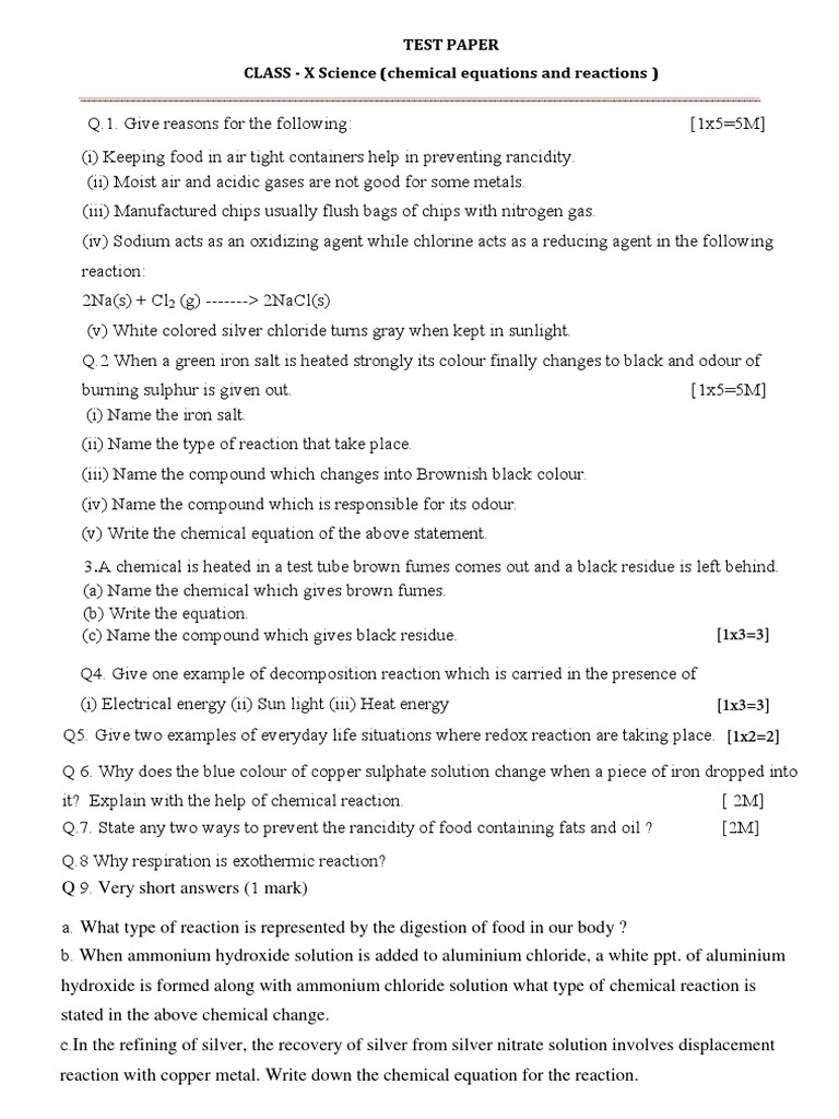 10 - Test - Chemical Equations and Reactions | PDF | Chemical Reactions ...